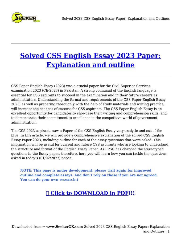 Solved 2023 CSS English Essay Paper - Explanation and Outlines | PDF ... Solved 2023 CSS English Essay Paper - Explanation and Outlines | PDF ...
