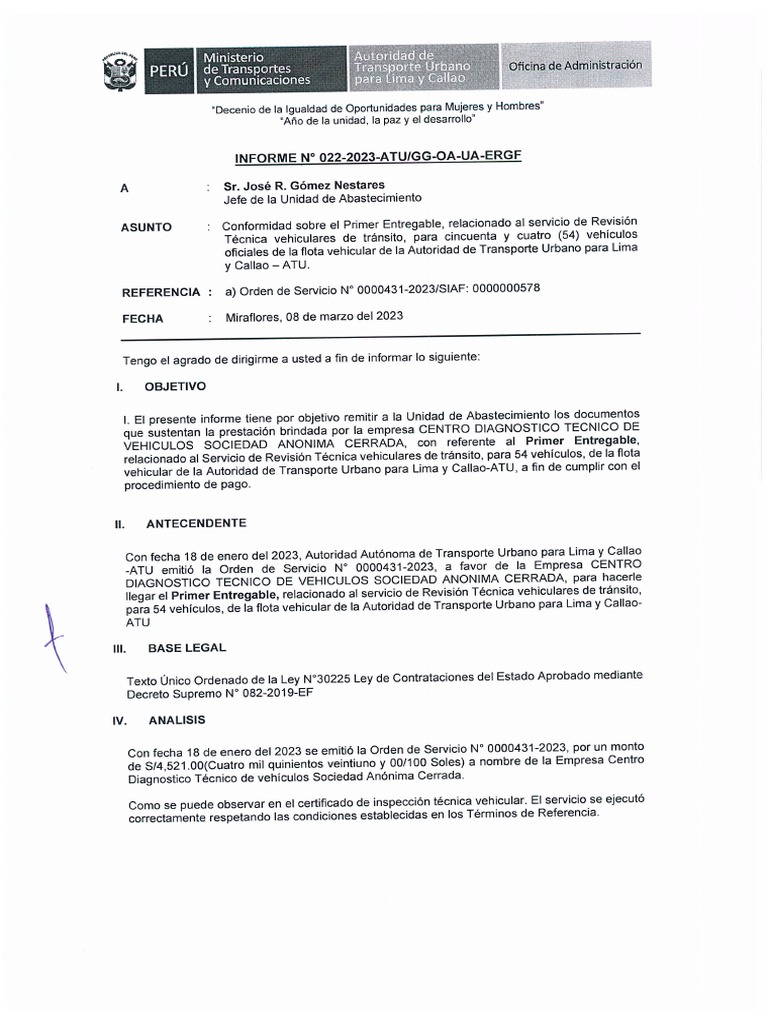 Informe N°022-2023 Primer Entregable Revisiones Tecnicas para Las Unidades de La Atu | PDF