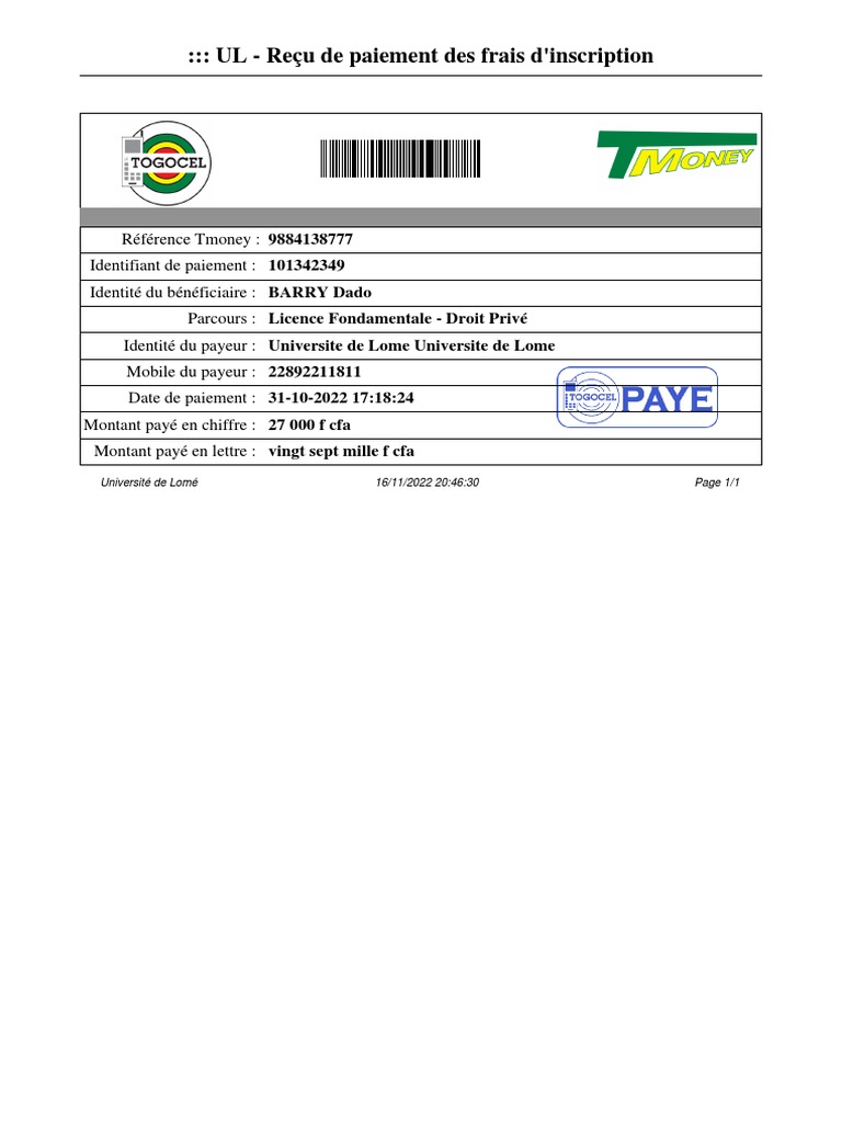 Recu Tmoney | PDF