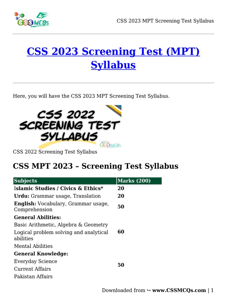 CSS 2023 MPT Screening Test Syllabus | PDF CSS 2023 MPT Screening Test Syllabus | PDF