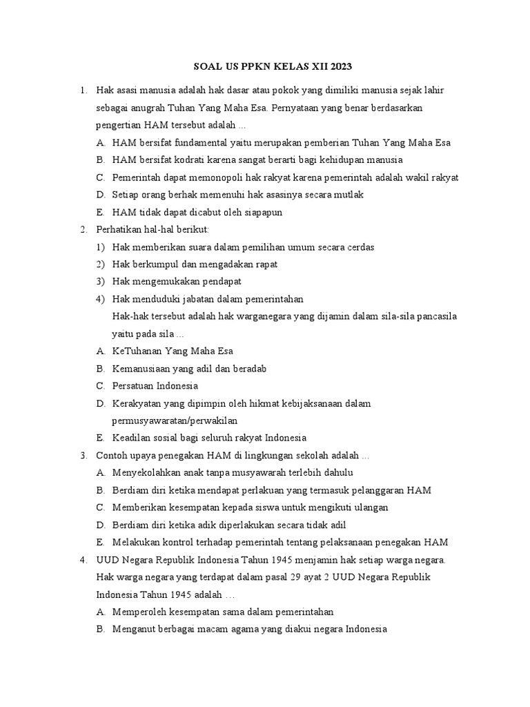 Soal Us PPKN Kelas Xii 2023 | PDF