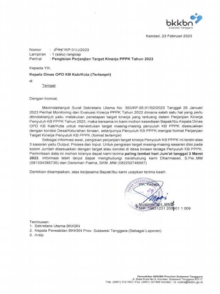Surat Pengisian Perjanjian Target Kinerja PPPK Tahun 2023 | PDF