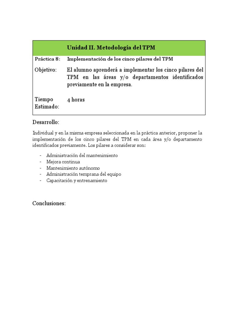 Practica 8 Implementacion de Los Cinco Pilares Del TPM PDF | PDF