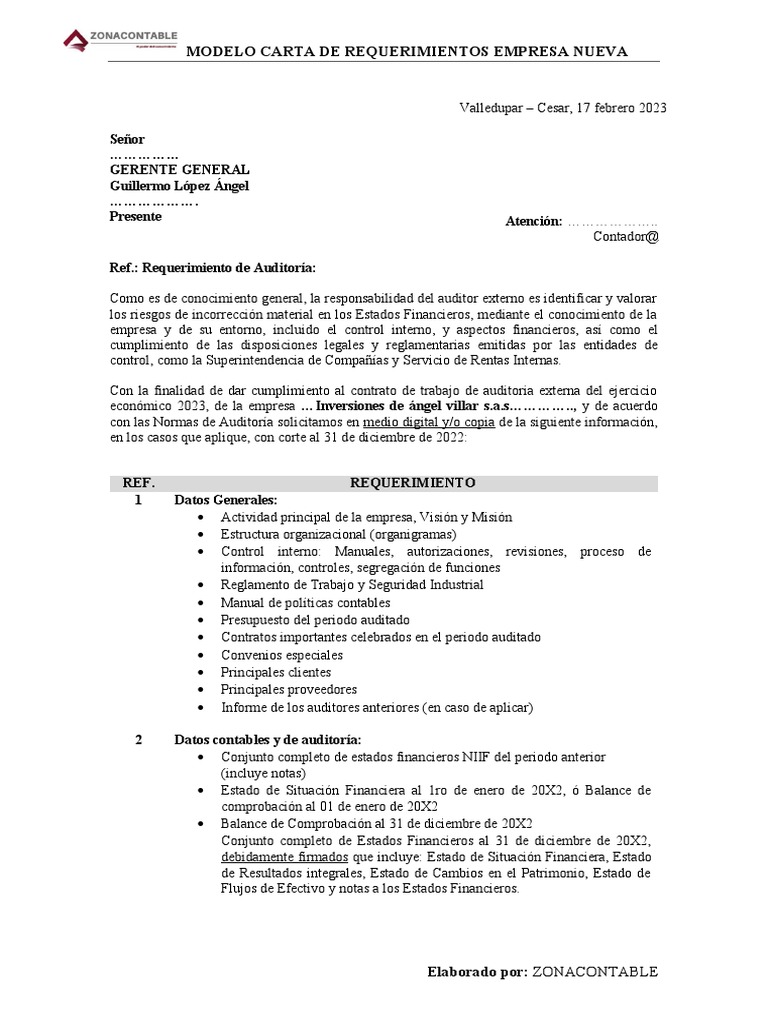 Modelo Carta de Requerimientos Empresa Nueva | PDF | Auditoría | Bancos