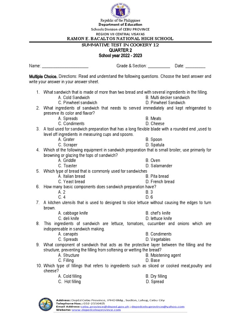 Q2 - Cookery 12 S1 | PDF | Sandwich | Breads