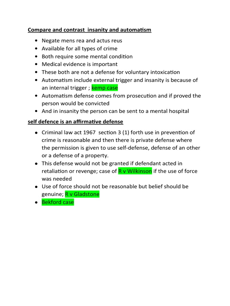 Compare and Contrast Insanity and Automatism | PDF