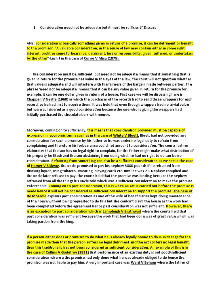 Consideration Need Not Be Adequate But It Must Be Sufficient | Download Free PDF | Consideration ...