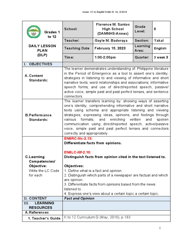 DLP 8 Fact and Opinion | PDF | Learning | Opinion