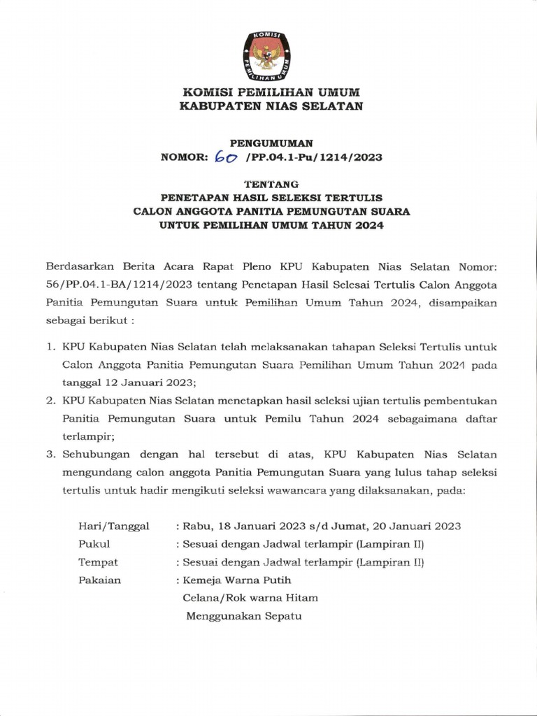 60 Pengumuman Penetapan Hasil Seleksi Tertulis Calon PPS Pemilu 2024 PDF | PDF