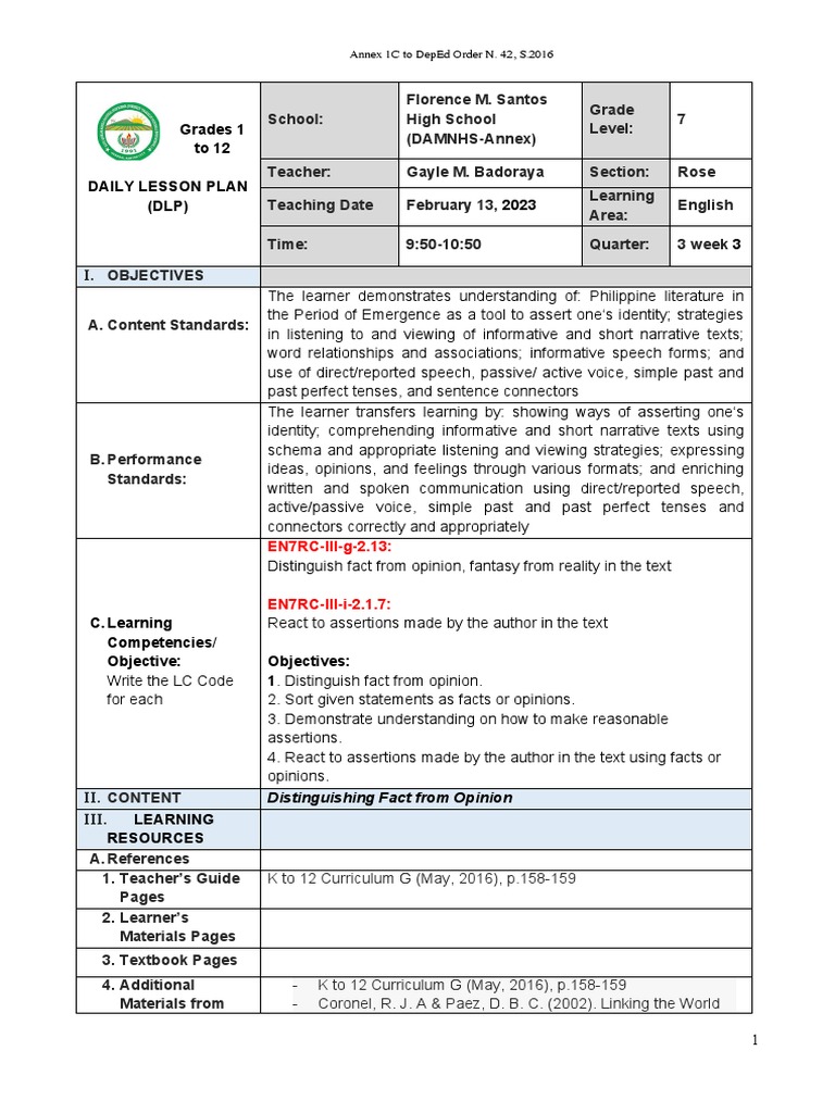 Grade 7 Fact and Opinion Lesson Plan | PDF | Learning | Cognition