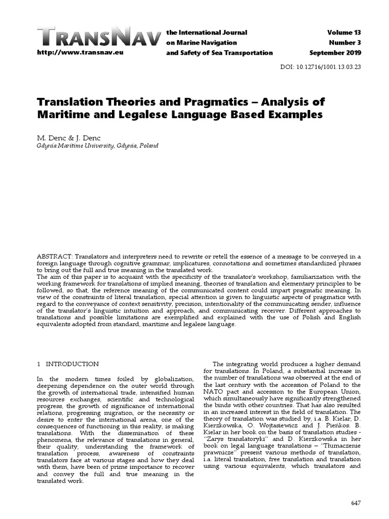 Translation Theories and Pragmatics - Analysis of Maritime and Legalese ...
