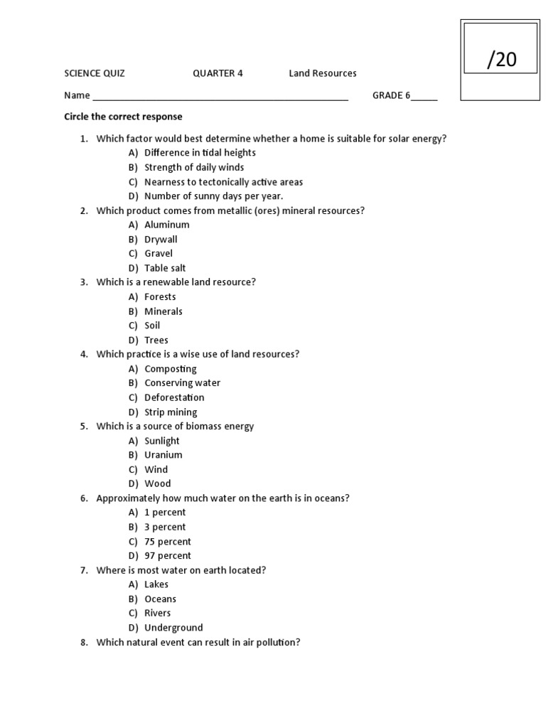 Science Quiz Quarter 4 Land Resources | PDF | Earth | Water