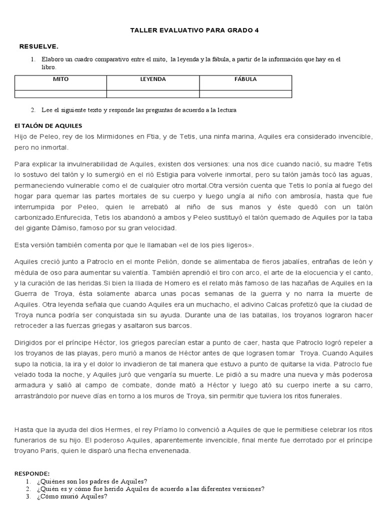 Taller Mito y Leyenda y Fabula 5to | PDF | Aquiles | Héctor