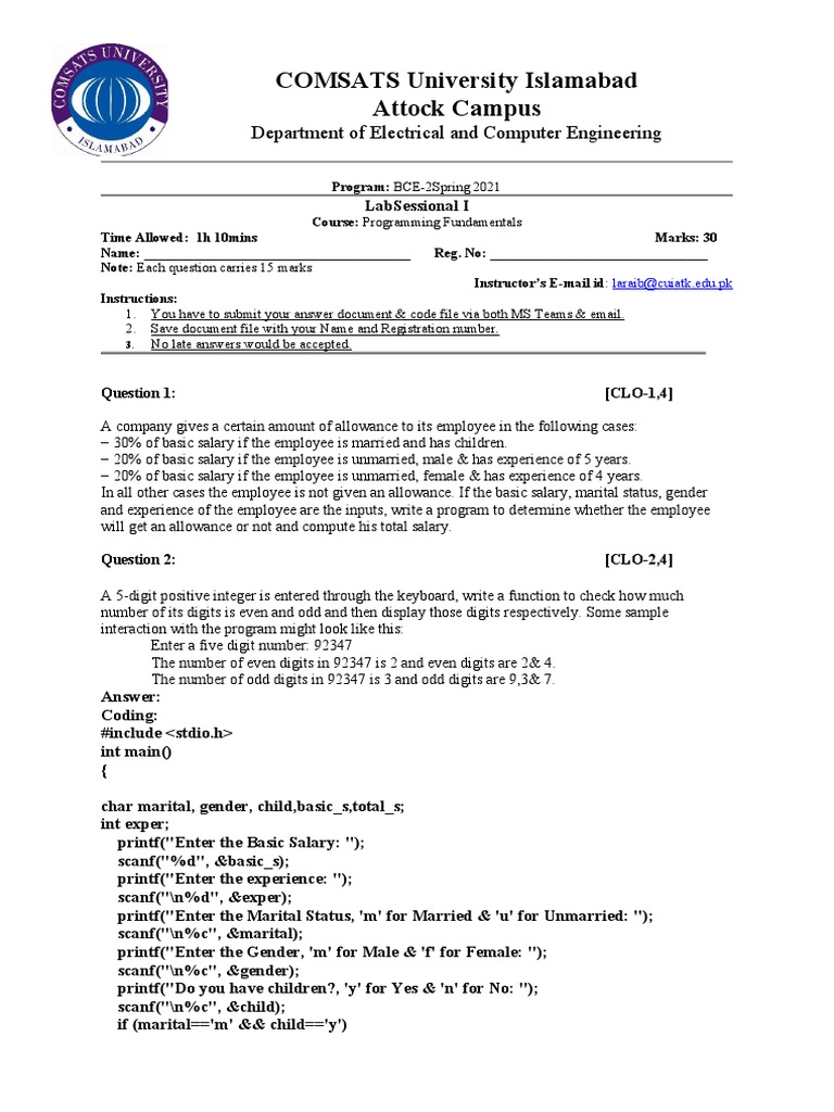 Lab Sessional - SP2021 | PDF | Computing | Computer Programming