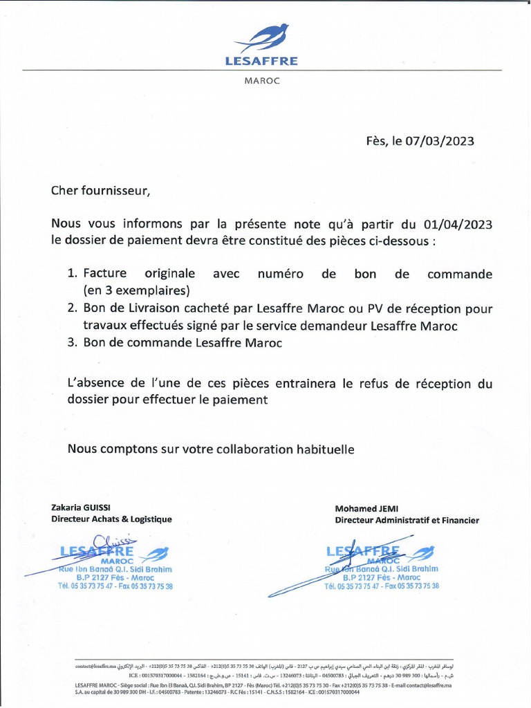 Note Lesaffre Maroc Pour Fournisseurs PDF | PDF