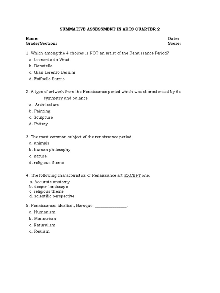 Summative Assessment in Arts Quarter 2 | PDF | Renaissance | Baroque
