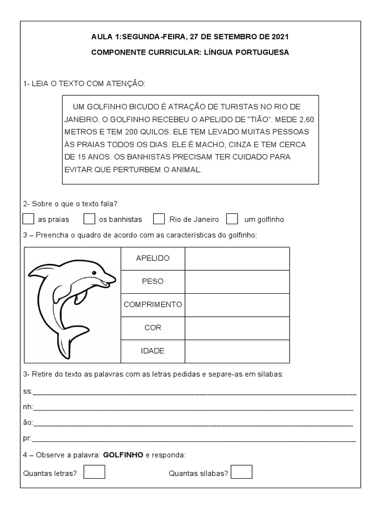 Aula de Língua Portuguesa: Compreensão de texto e exercícios sobre um ...