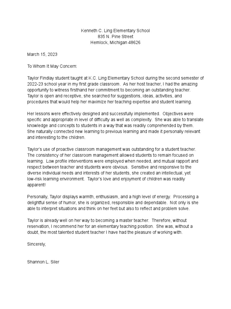 Taylor Letter of Recommendation | PDF
