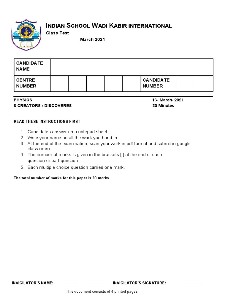 Grade 6 Physics Class Test March. | PDF | Solar System | Moon