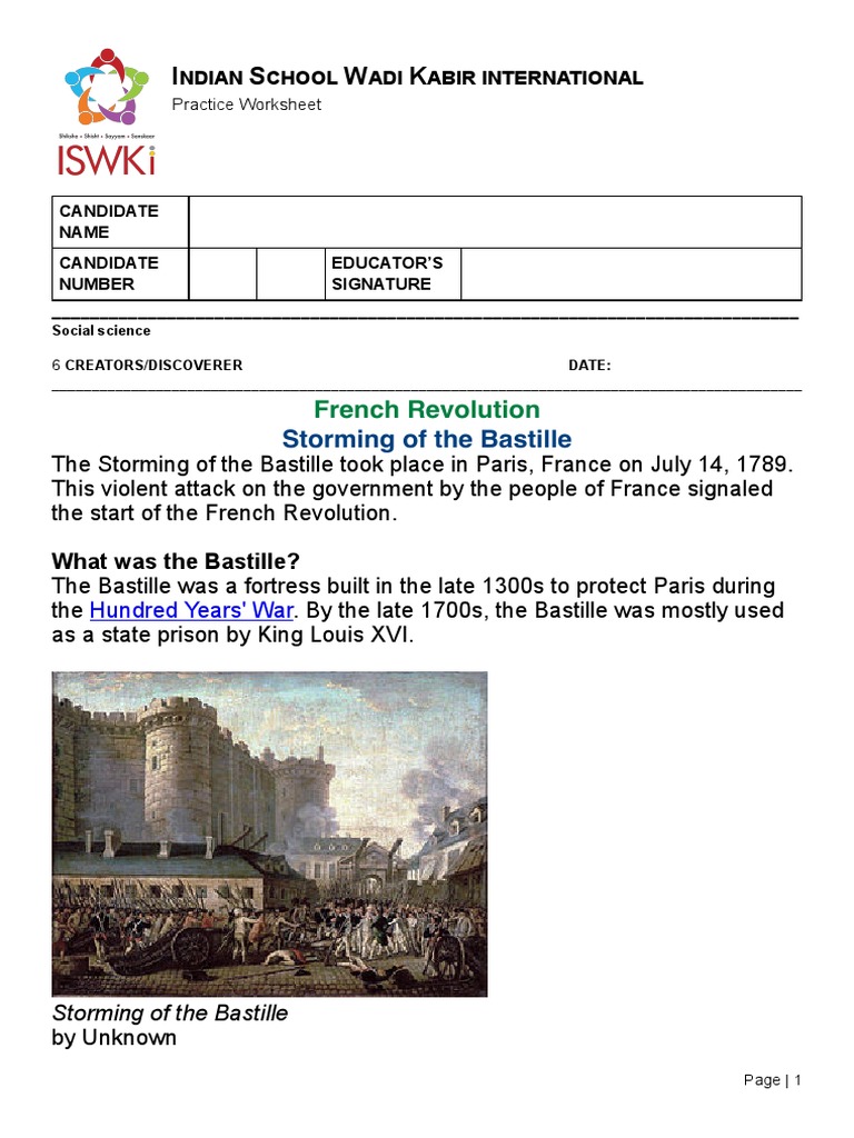 Worksheet 1 - Storming of Bastille Reading | PDF | France | Conflicts