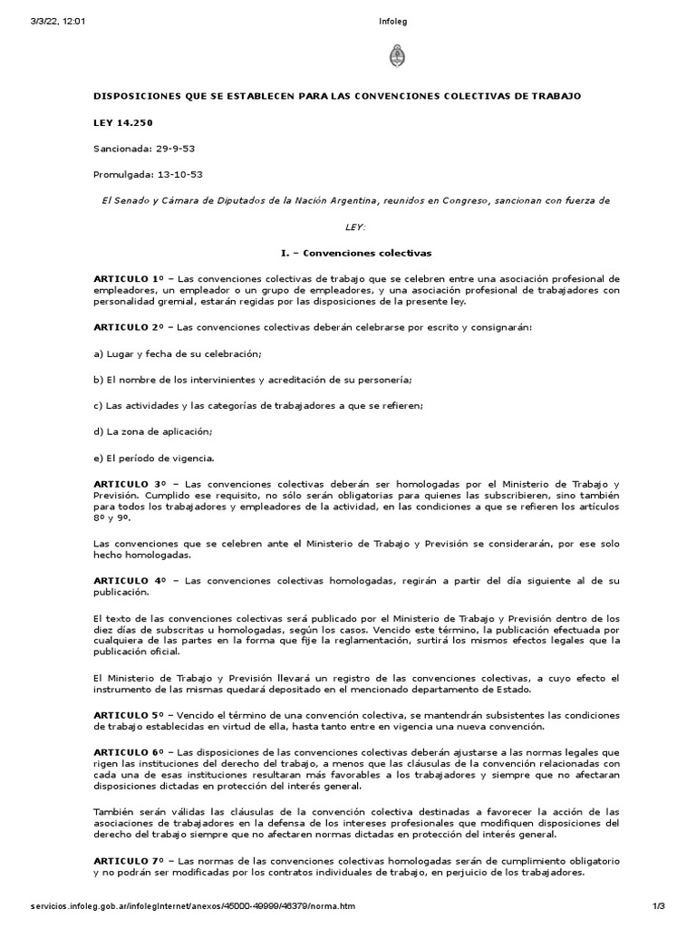 Ley 14250 - Convenio Colectivo de Trabajo PDF | PDF | Derecho laboral | Gobierno