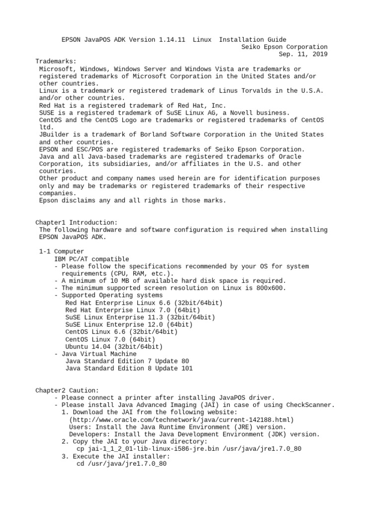EPSON JavaPOS ADK Installation Guide For Linux | PDF | Java (Programming Language) | Linux