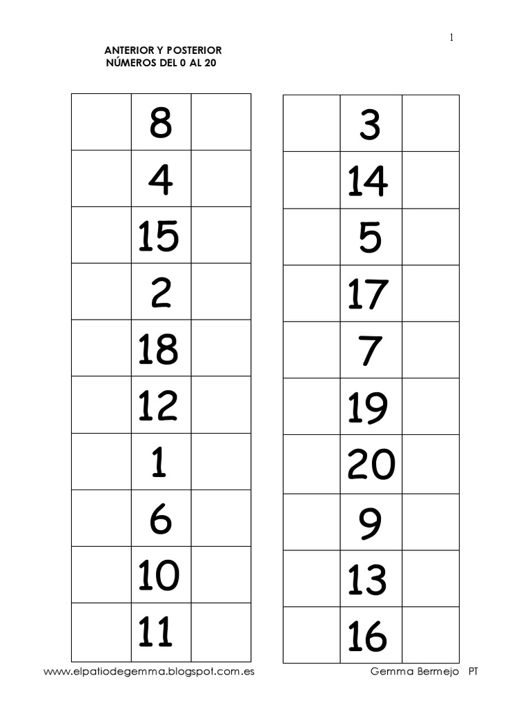 Números del 0 al 20: Anterior y Posterior | PDF