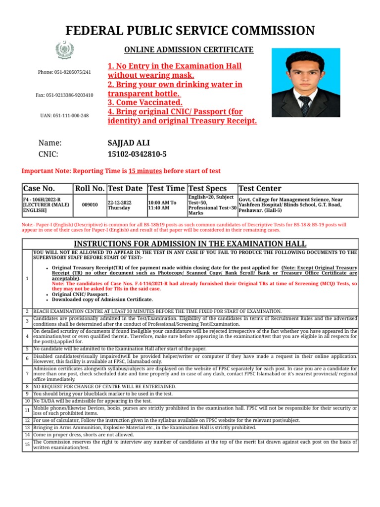 Online Admission Certificate for Federal Public Service Commission ...
