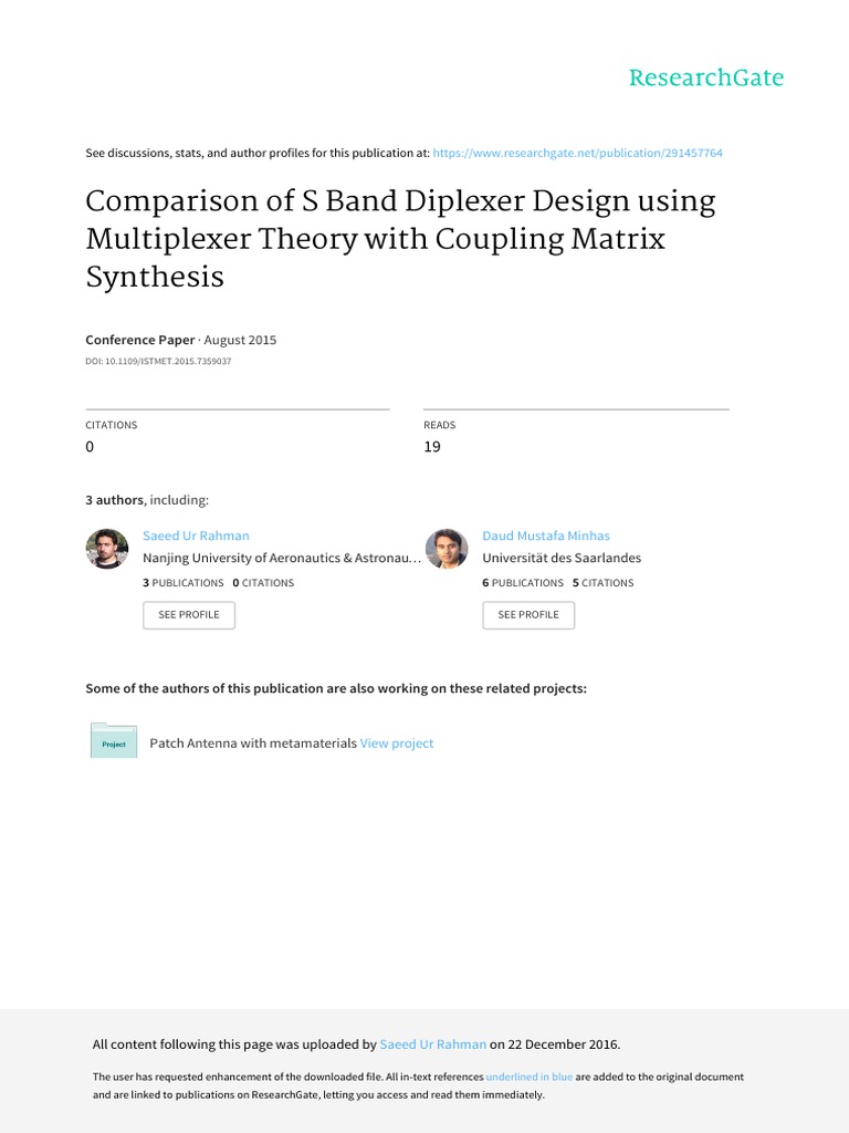 Comparison of S Band Diplexer Design Using Multiplexer Theory With Coupling Matrix Synthsis ...