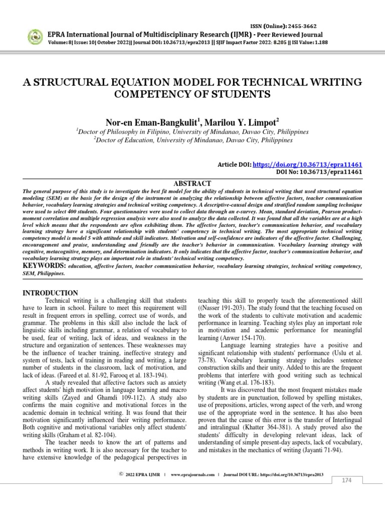 A Structural Equation Model For Technical Writing Competency of Students (Bangkuli & Limpot 2022 ...