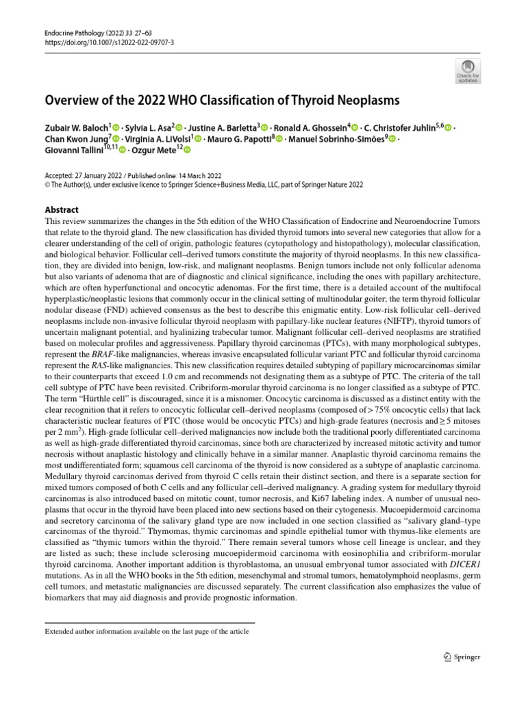 Overview of The 2022 WHO Classification of Thyroid Neoplasms (Endocrine ...