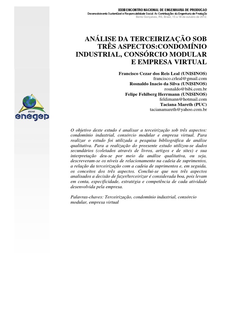 Análise dos aspectos da terceirização: condomínio industrial, consórcio ...