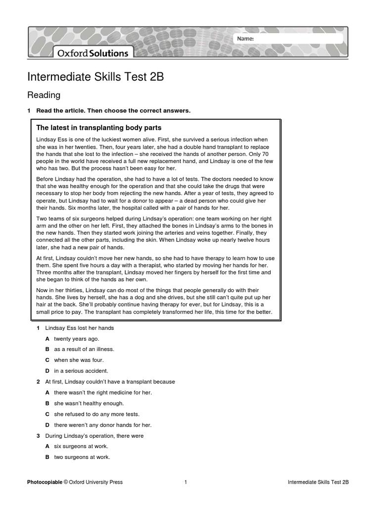 Oxford Solutions Intermediate Skills Test 2 B | PDF | Organ Transplantation