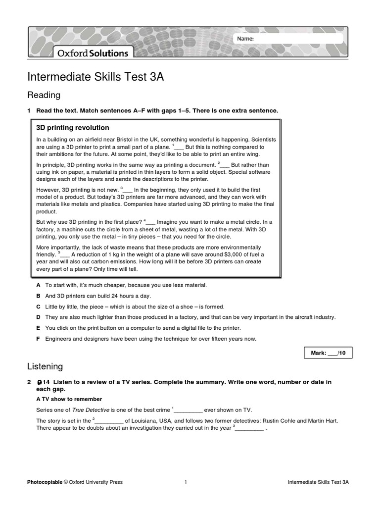 Oxford Solutions Intermediate Skills Test 3 A | PDF | 3 D Printing ...