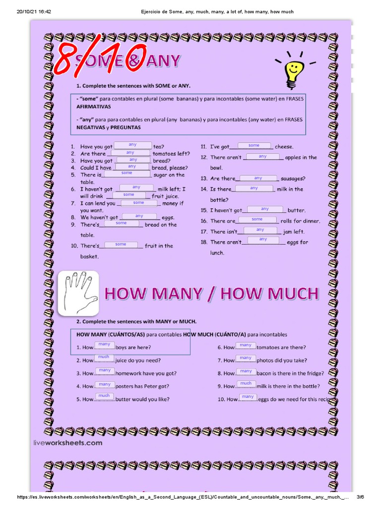 Ejercicio de Some, Any, Much, Many, A Lot Of, How Many, How Much | PDF