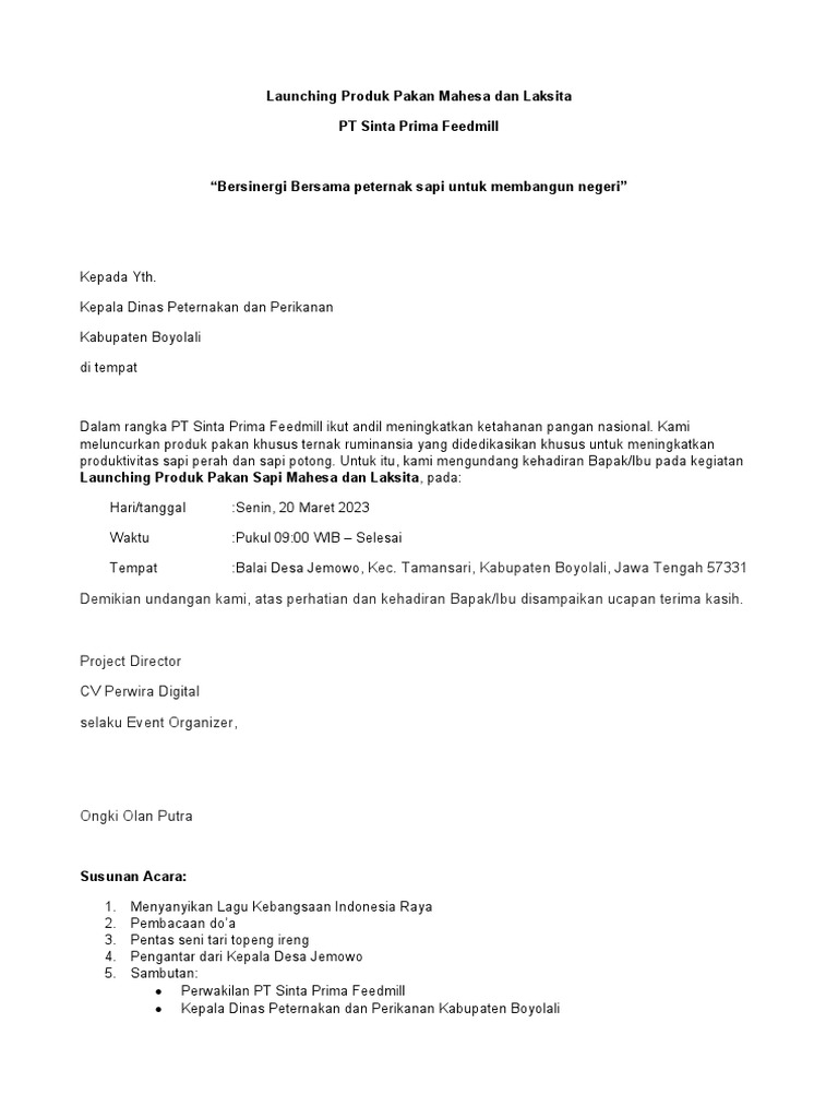 Undangan Launching Produk Pakan Mahesa Dan Laksita | PDF