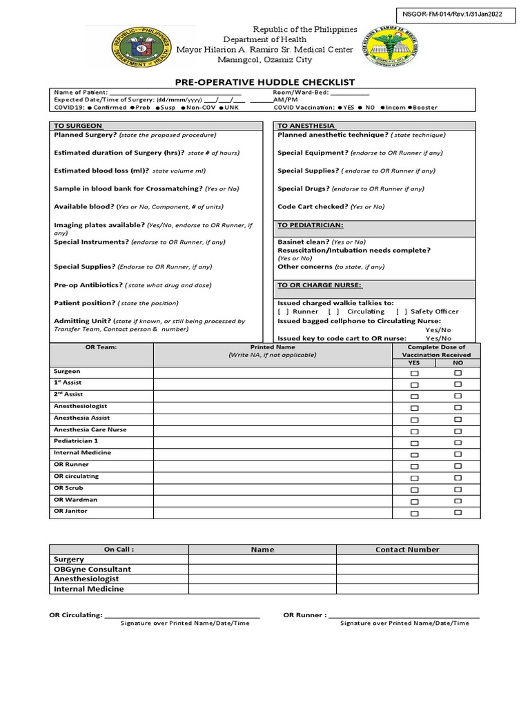 Pre-Operative Huddle Checklist Template | PDF | Surgery | Anesthesia