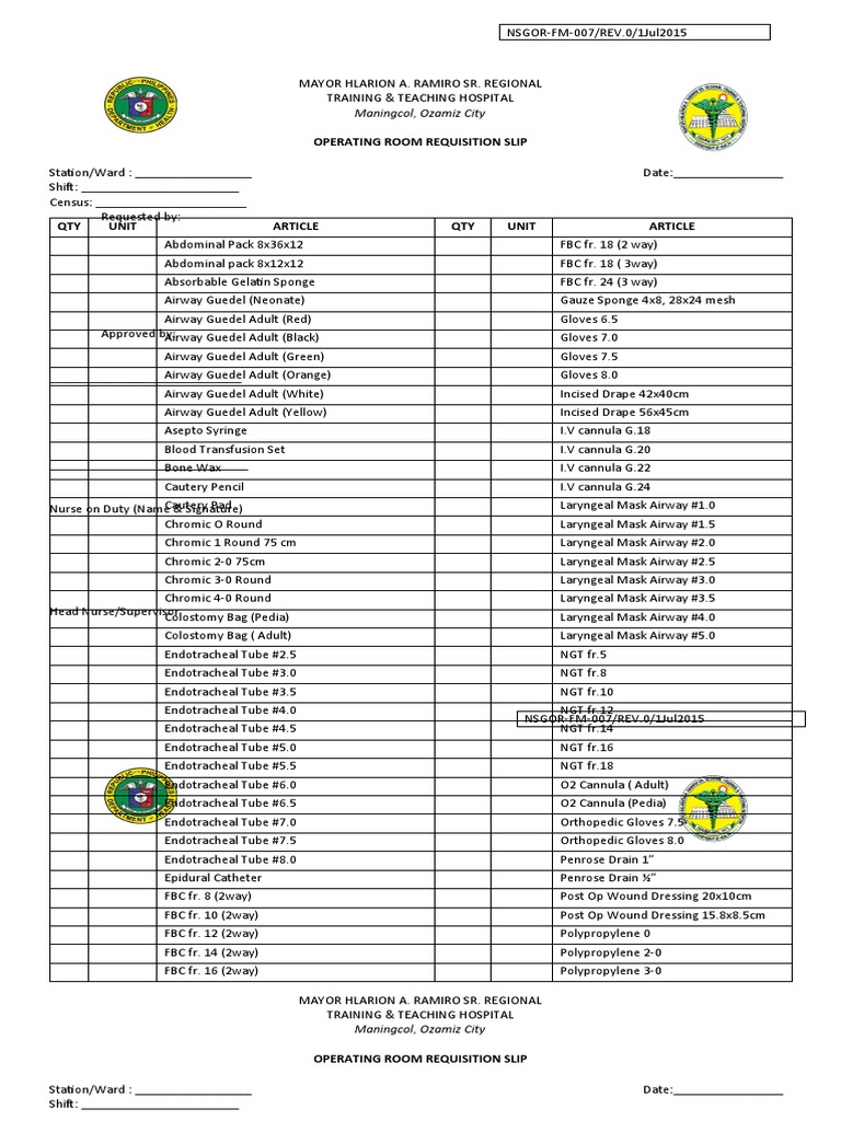Operating Room Requisition Slip | PDF | Surgical Suture | Medical ...