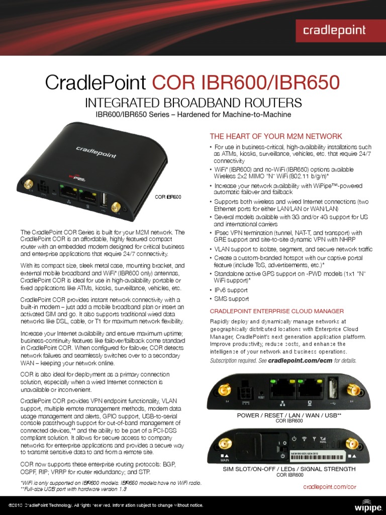 CradlePoint COR IBR6x0 DataSheet 8.21.13 | PDF | Computer Network | Wi Fi