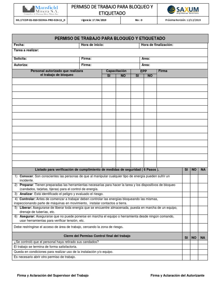 ML.17COP-01-010-SSOMA-PRO-026-11 - 0 - Permiso de Trabajo para Bloqueo y Etiquetado PDF | PDF