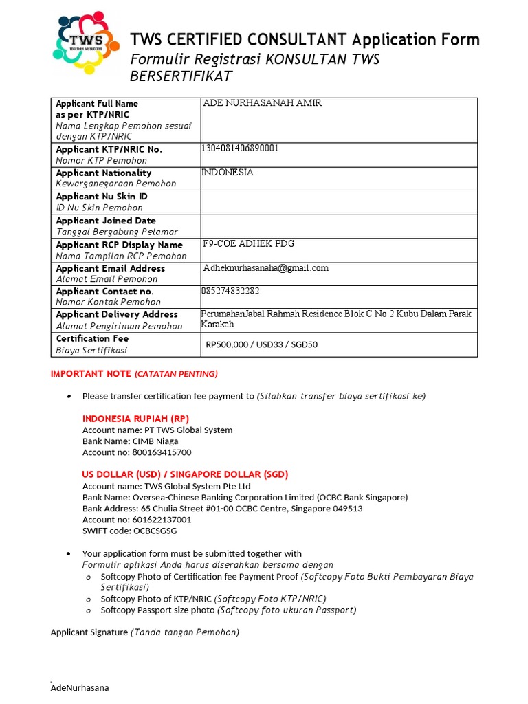 Adhek TWS Certified Consultant Application Form V2 (BHS-Eng) | PDF