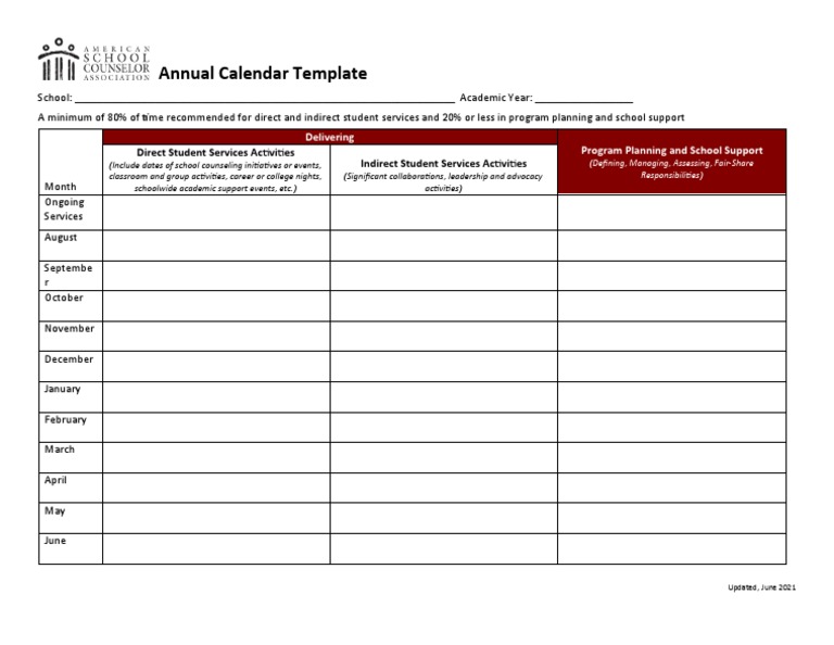 Annual School Counselor Calendar Template | PDF