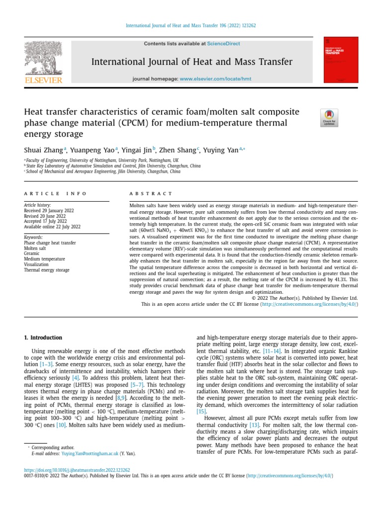 Heat Transfer Characteristics of Ceramic Foam - Molten Salt Composite ...