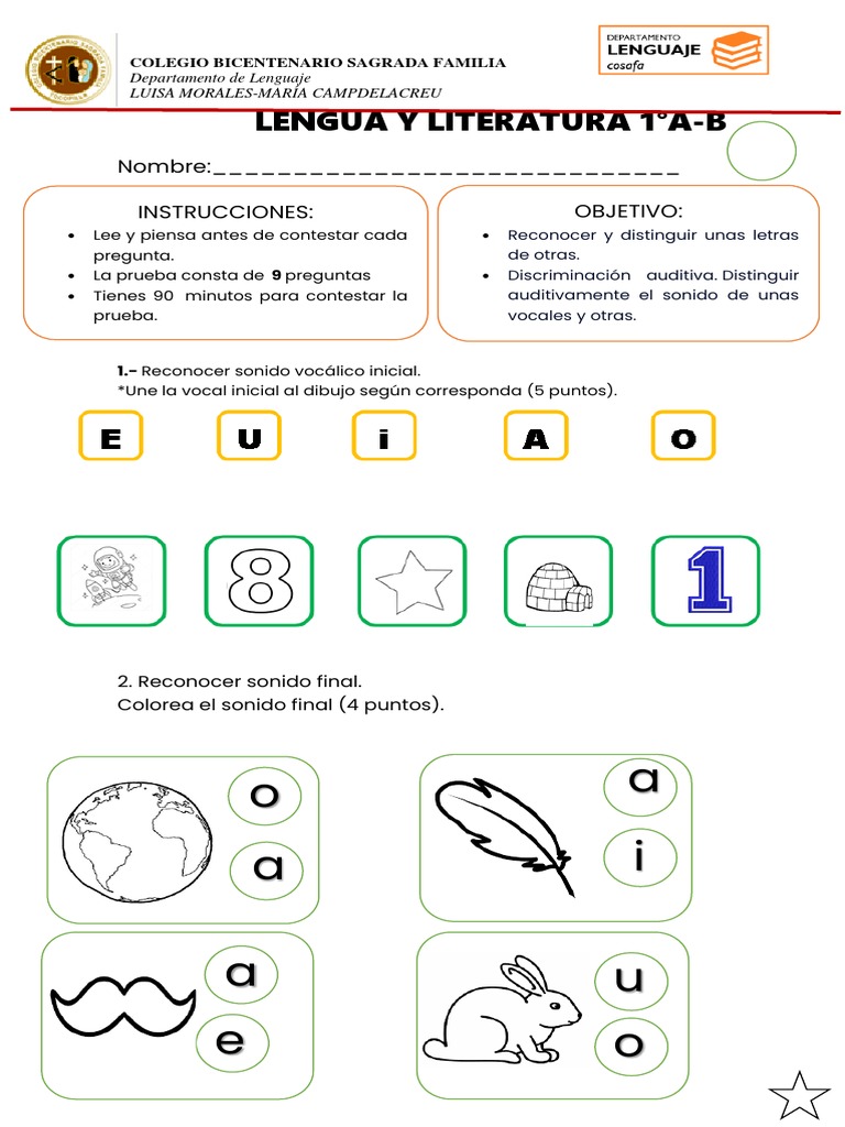 Prueba Diagnostica 20231° Lenguaje | PDF | Sílaba | Vocal
