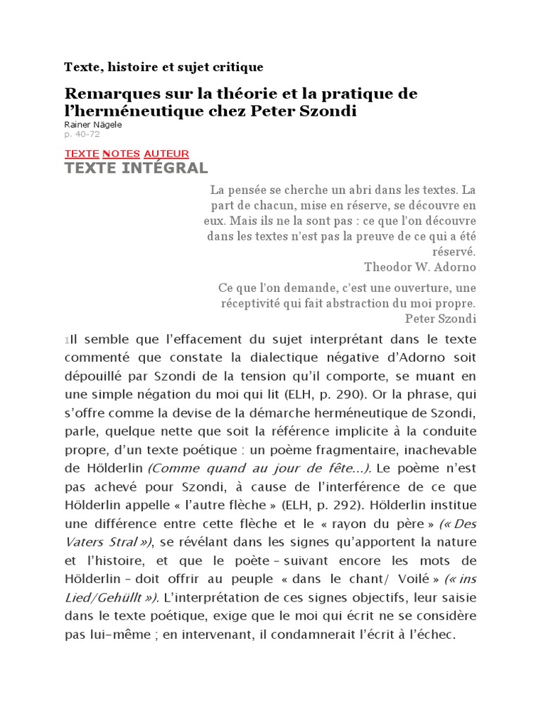 Texte, Histoire Et Sujet Critique02 | PDF | Herméneutiques | Poésie