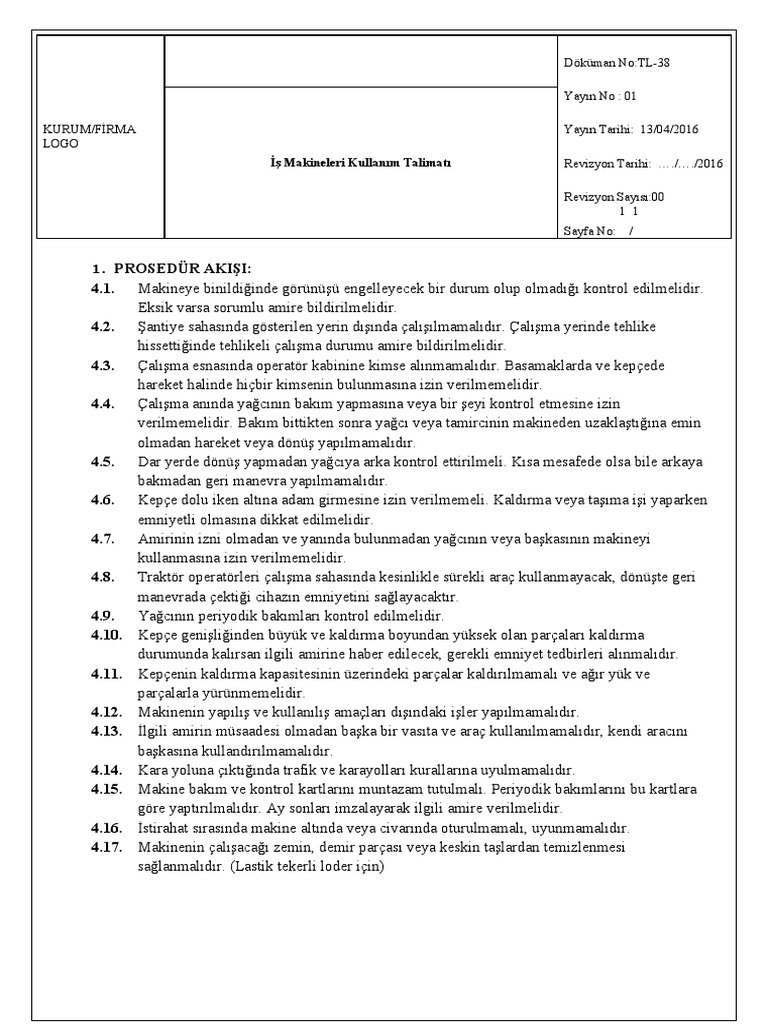 TL 38 İş Makineleri Kullanım Talimatı | PDF