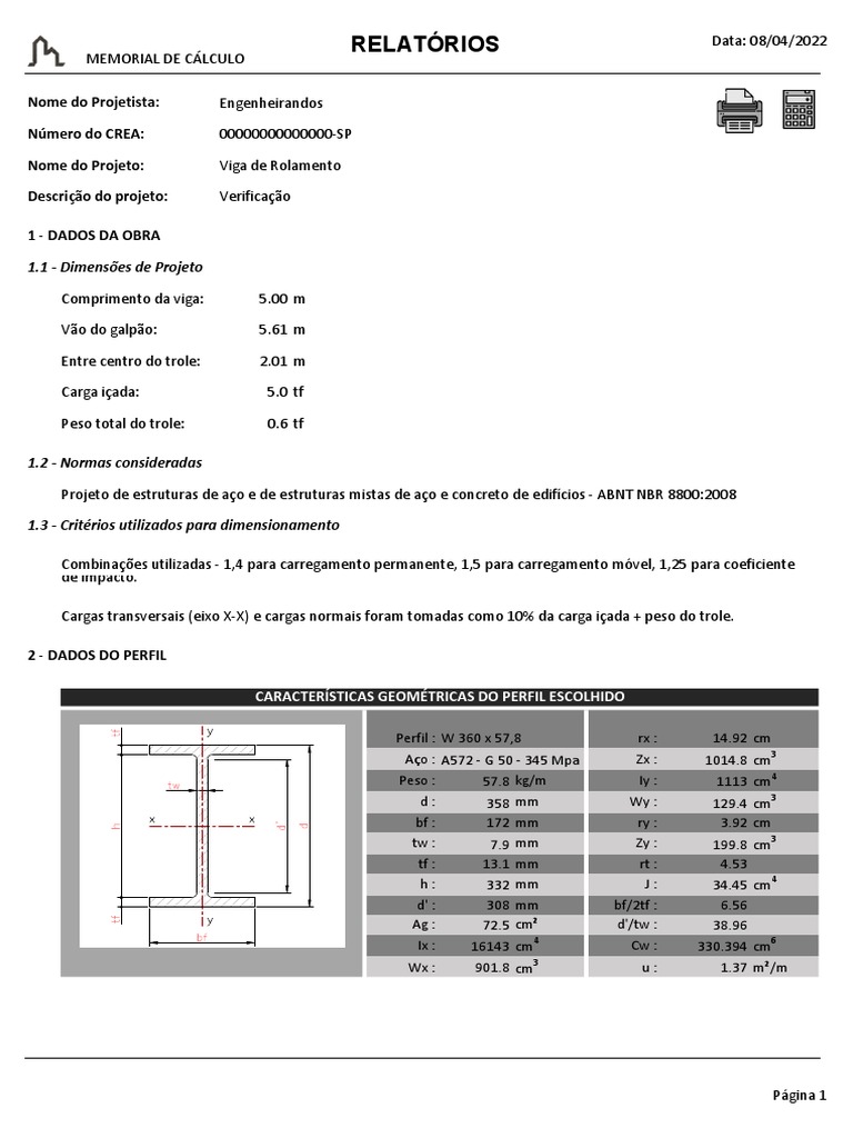 01 - Memória de Cálculo - Viga de Rolamento | PDF | Flambagem | Flexão ...