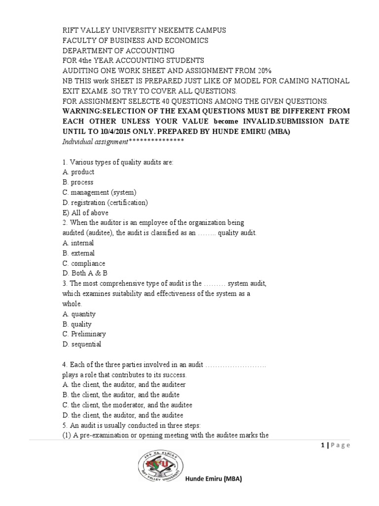 Auditing One Assignment For 4the Year Accounting Students .20% | PDF ...