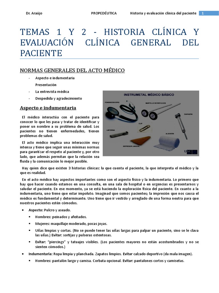 Tema 1 y 2. Historia Clínica y Evaluación Clínica General Del Paciente | PDF | Diagnostico ...