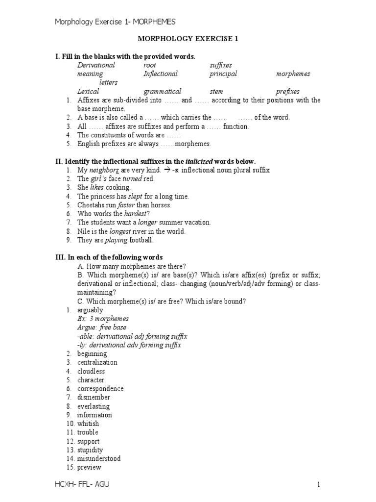 Morphlogy Exercise 1 - VHVL | PDF | Word | Morphology (Linguistics)
